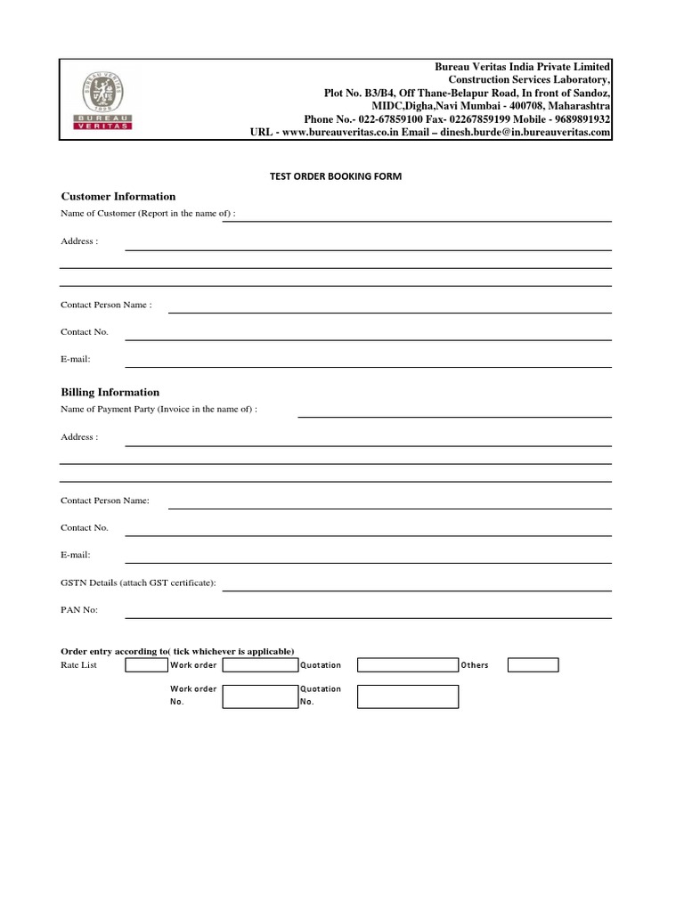 Test Order Booking Form | PDF