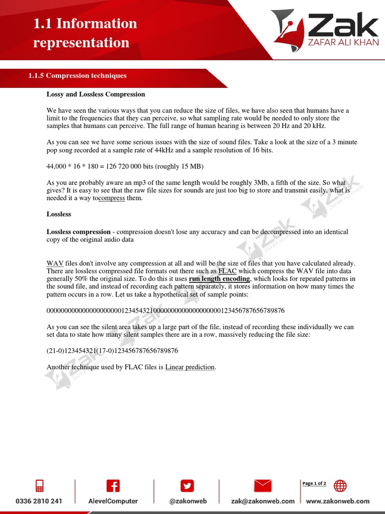 1.1 Information Representation: 1.1.5 Compression Techniques | PDF | Data Compression | Digital ...