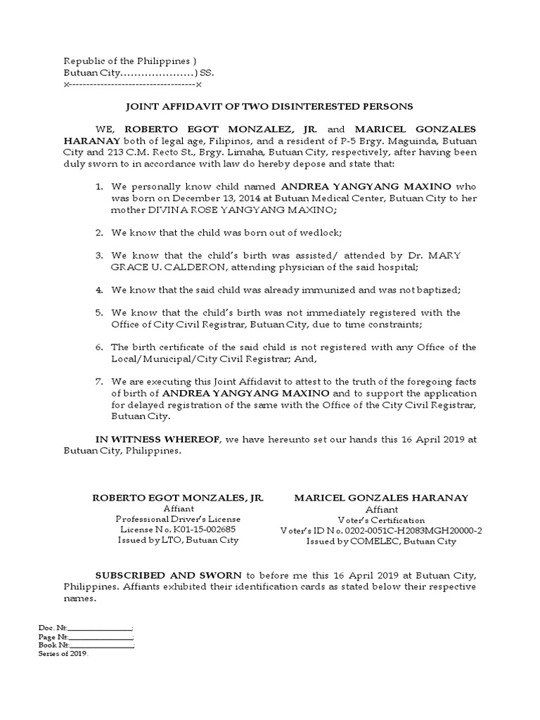Republic of The Philippines | PDF | Affidavit | Birth Certificate