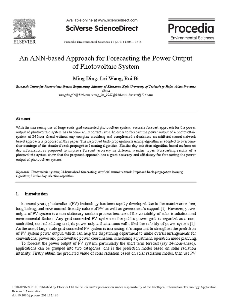 An ANN-based Approach For Forecasting The Power Output of Photovoltaic System | PDF ...