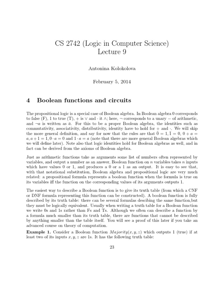 CS 2742 (Logic in Computer Science) : 4 Boolean Functions and Circuits ...