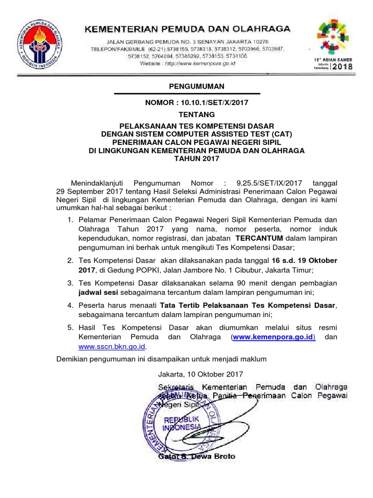 Pengumuman Jadwal TKD CPNS 20171010 PDF | PDF