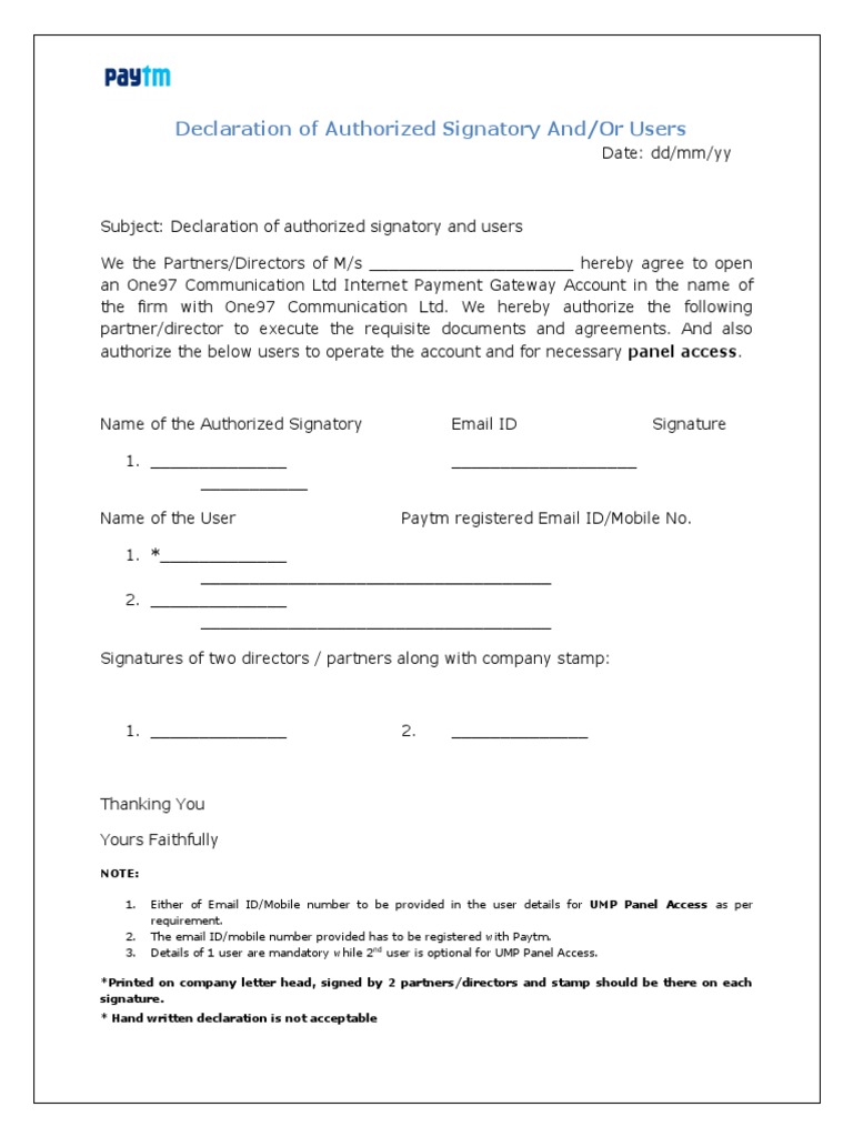 Declaration of Authorized Signatory and Users | PDF