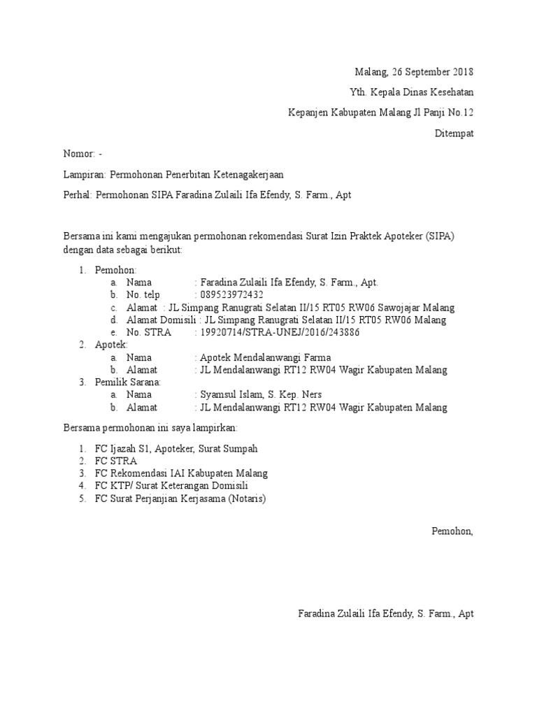 Surat Permohonan Sipa Dinkes Kab | PDF