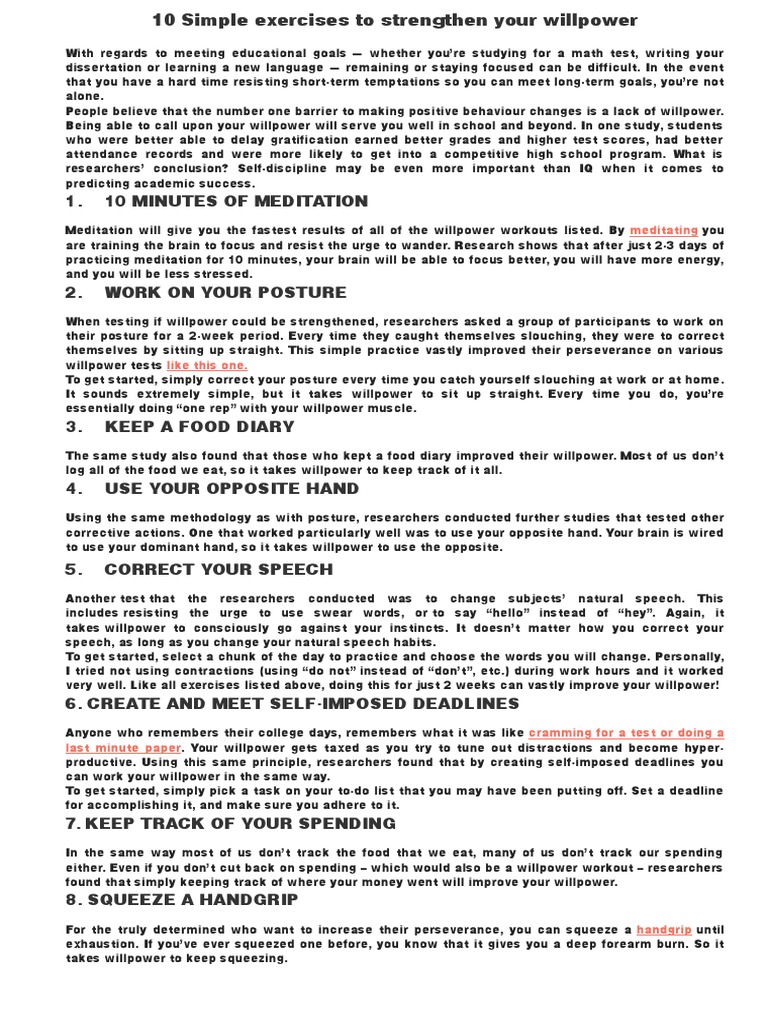 10 Simple Exercises Strengthen Willpower | PDF | Self Control | Self ...