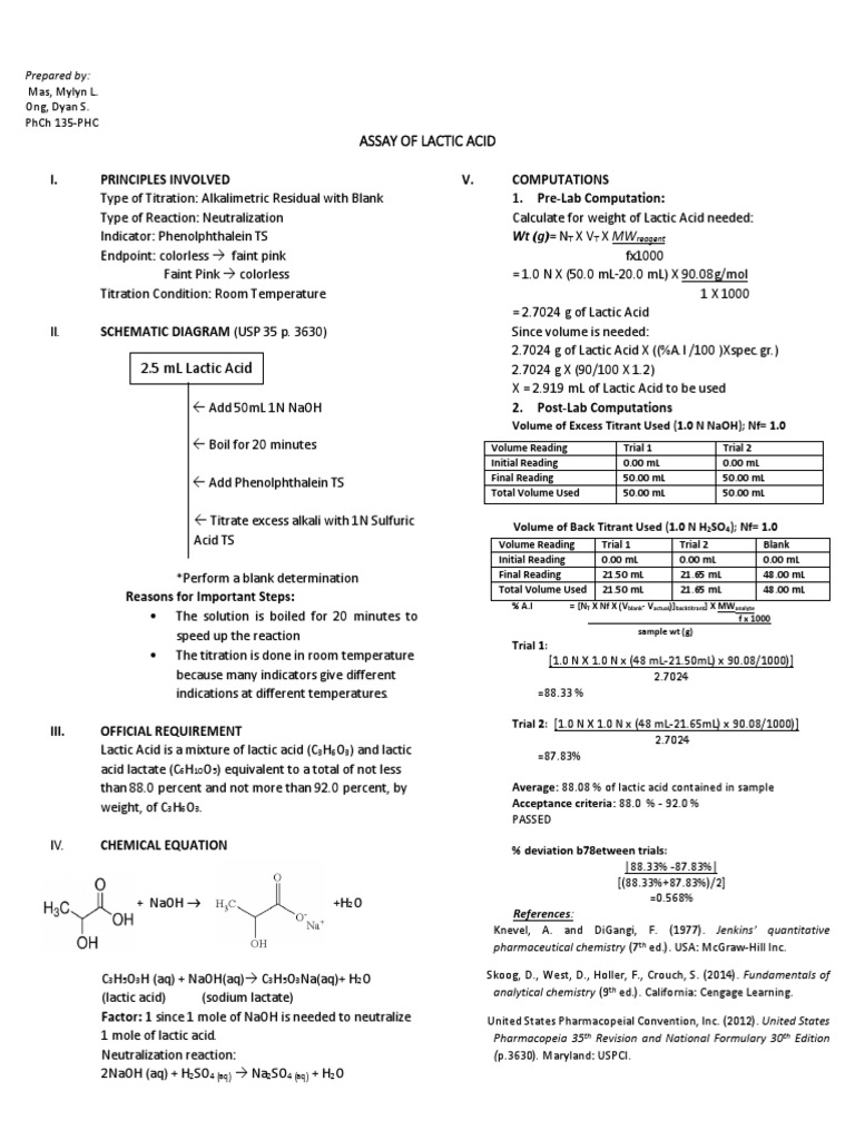 Assay of Lactic Acid | PDF | Titration | Chemistry