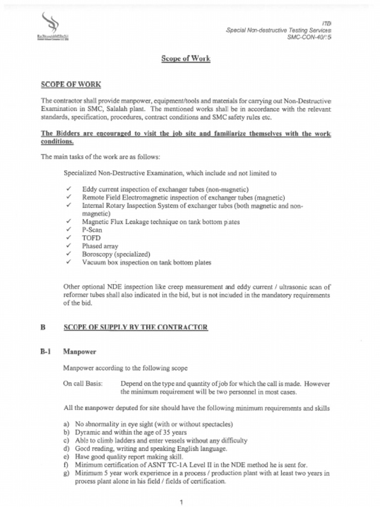 Scope of Work Non Destructive Testing PDF | PDF