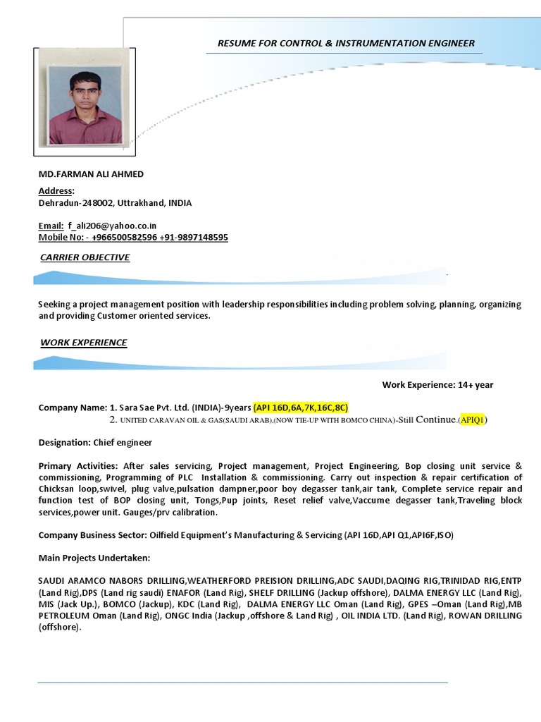Resume For Control & Instrumentation Engineer: 2. Continue) | PDF | Instrumentation ...
