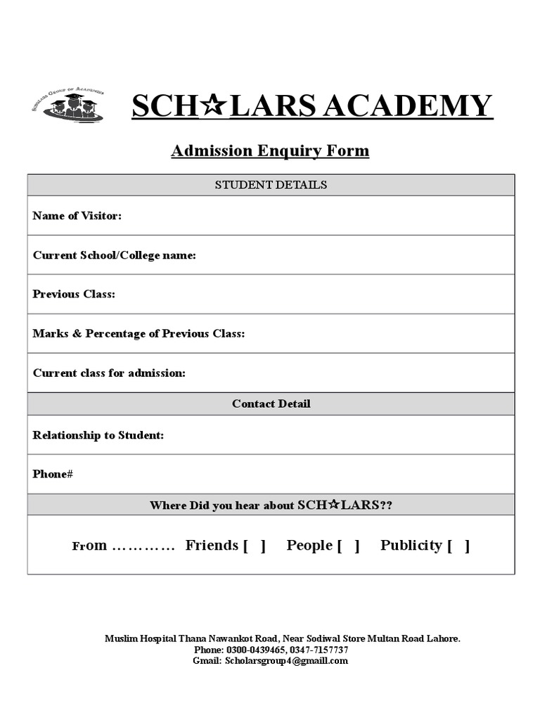 Lars Academy: Admission Enquiry Form | PDF