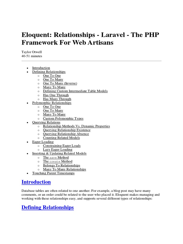 Eloquent Relationships Laravel The Php Framework For Web Artisans Pdf Class Computer