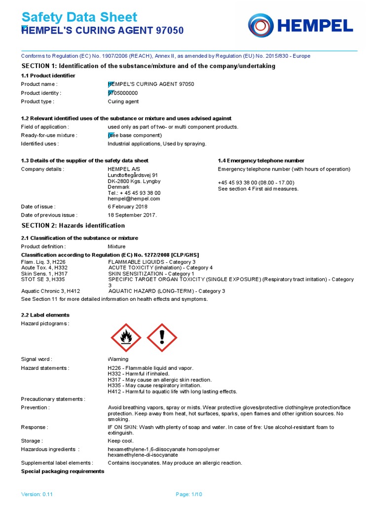 Hempel's Curing Agent 9705000000 En-Us | PDF | Toxicity | Firefighting