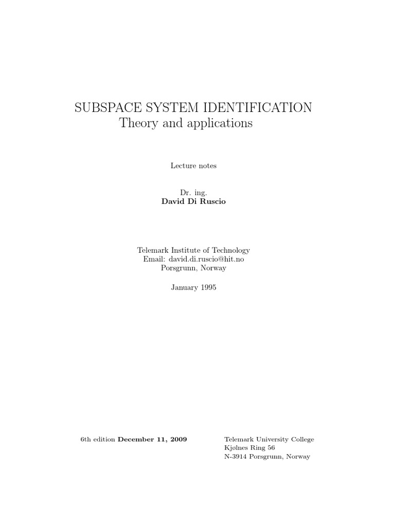 Subspace System Identification Theory And Applications Lecture Notes Pdf Matrix