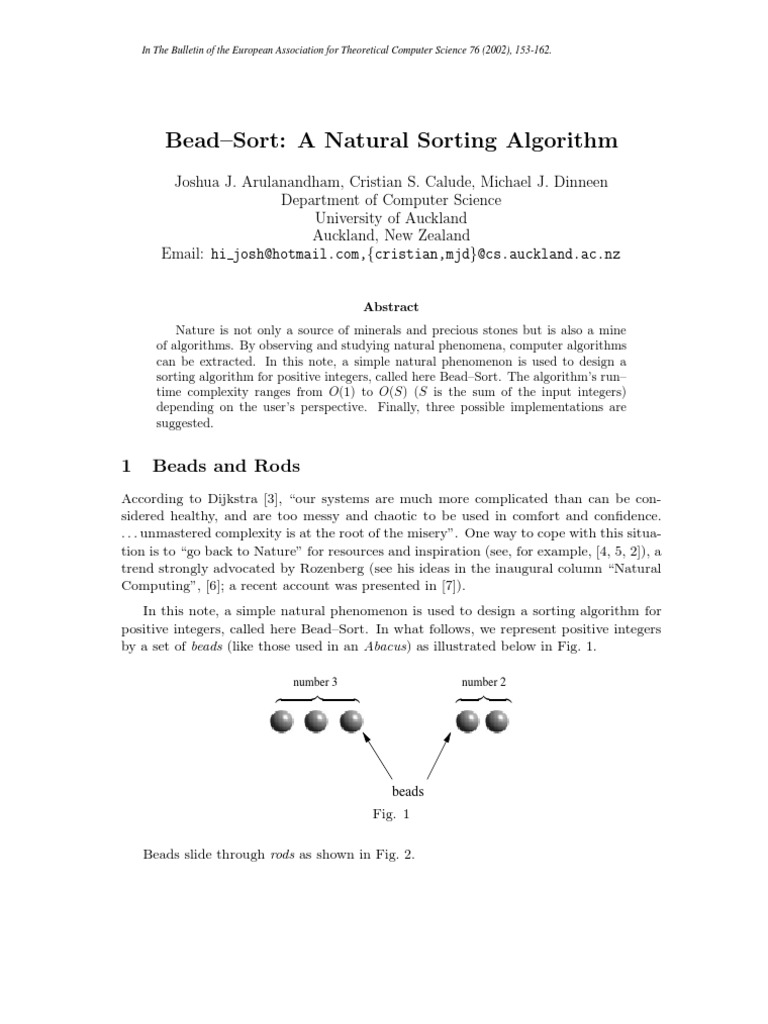 Bead Sort A Natural Sorting Algorithm 1 Beads And Rods Pdf Computational Complexity Theory 