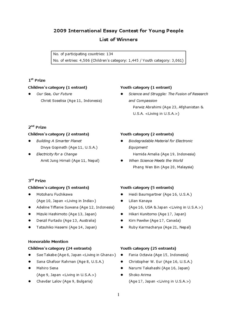2009 International Essay Contest For Young People List of Winners | PDF ...