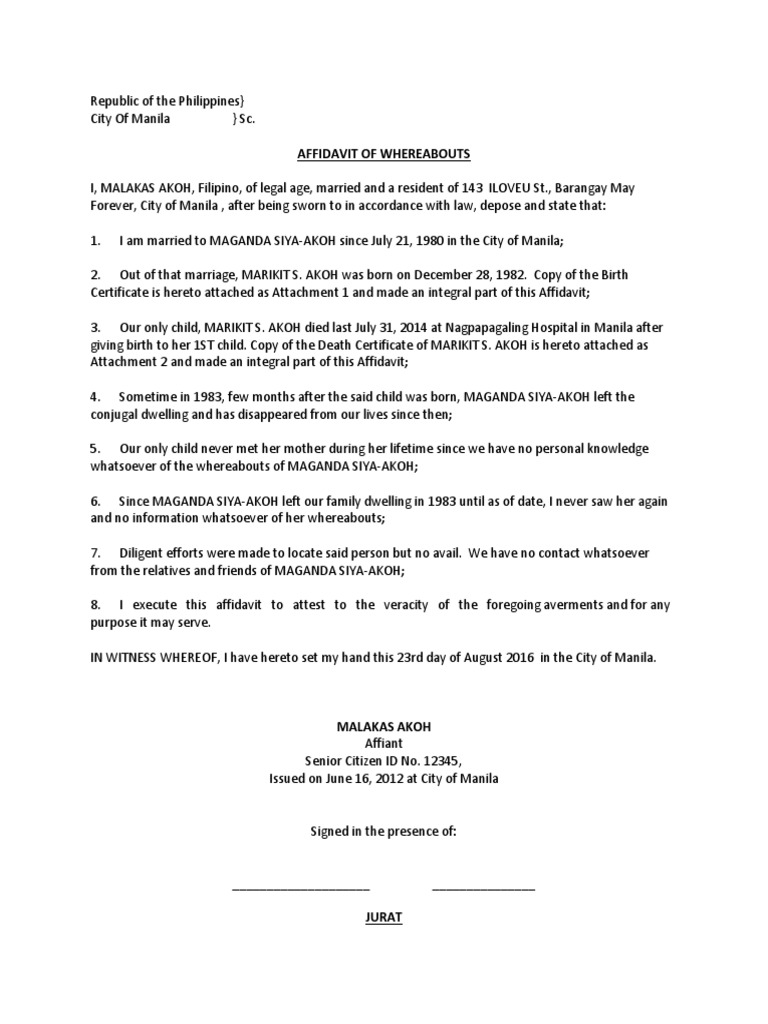 Affidavit of Whereabouts | PDF | Affidavit | Notary Public