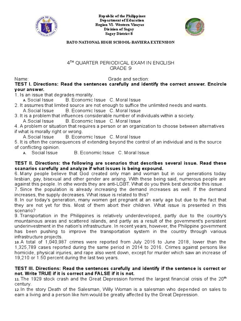 4th Periodical Exam Eng9 | PDF | Nonverbal Communication | Test ...