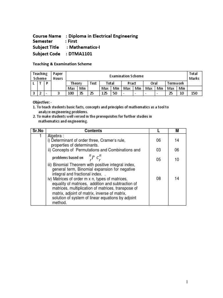 Course Name: Diploma in Electrical Engineering Semester: First Subject ...