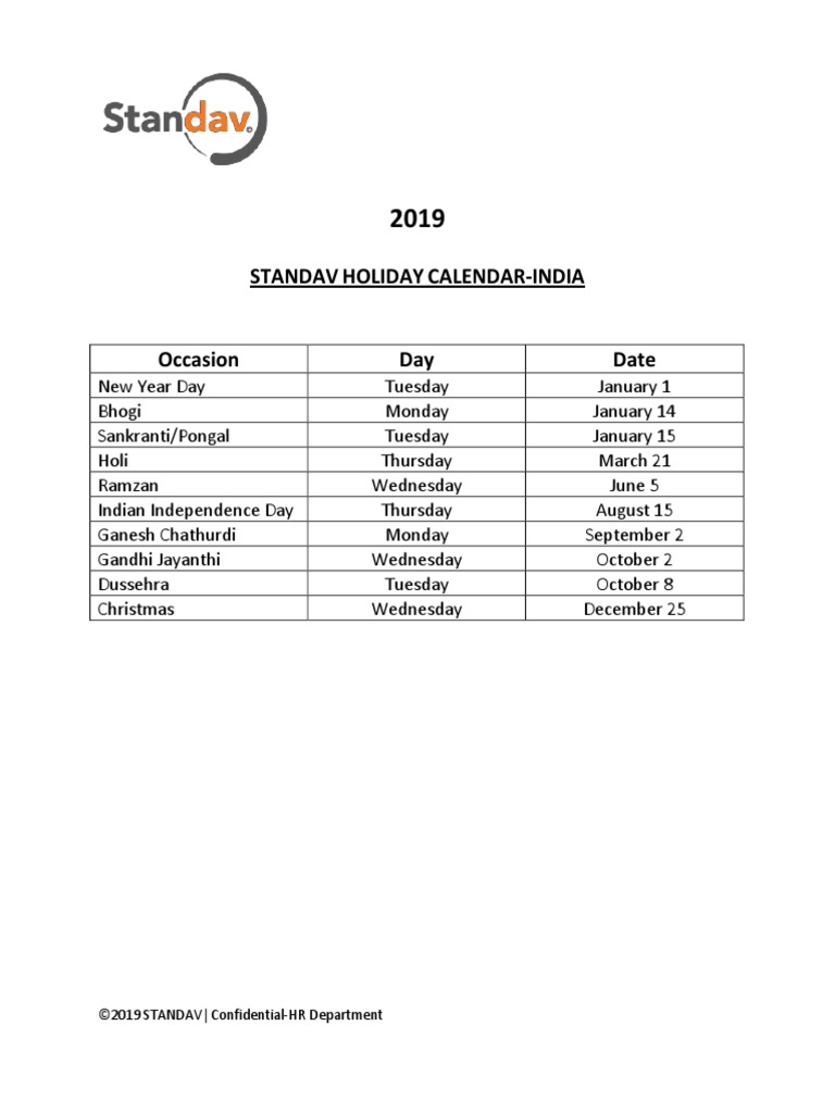 2019 India Holiday Calendar | PDF