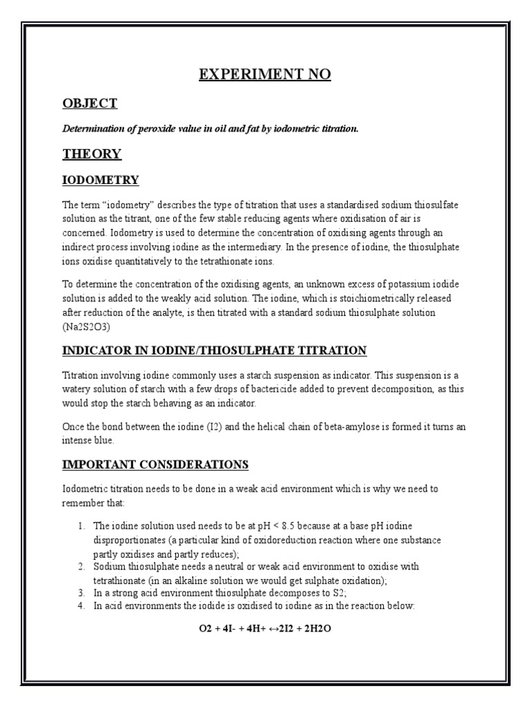 Peroxide Value | PDF | Titration | Chemistry