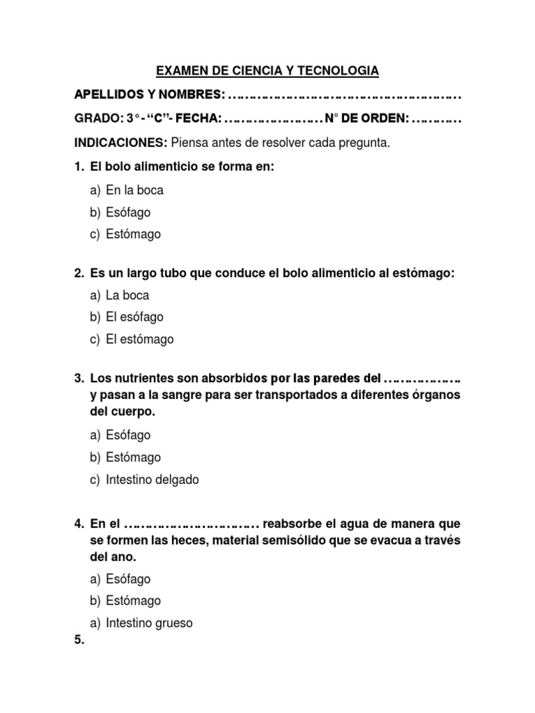 Examen de Ciencia y Tecnología 3° grado | PDF