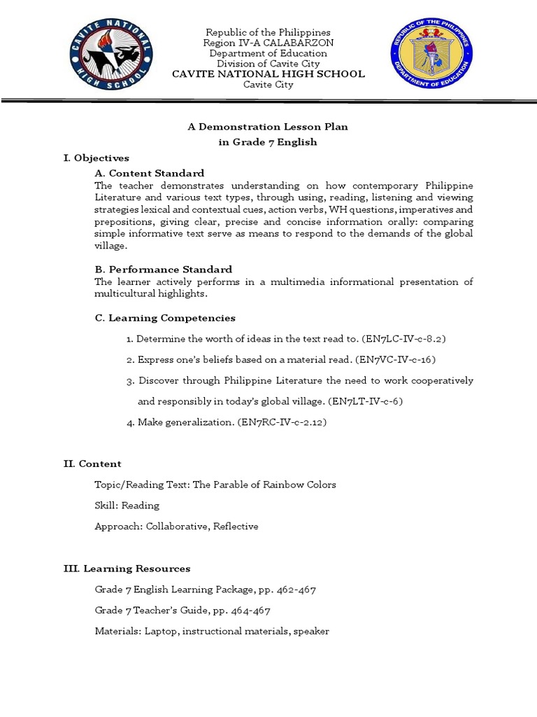 Lesson Plan The Parable of Rainbow Color | PDF | Lesson Plan | Learning