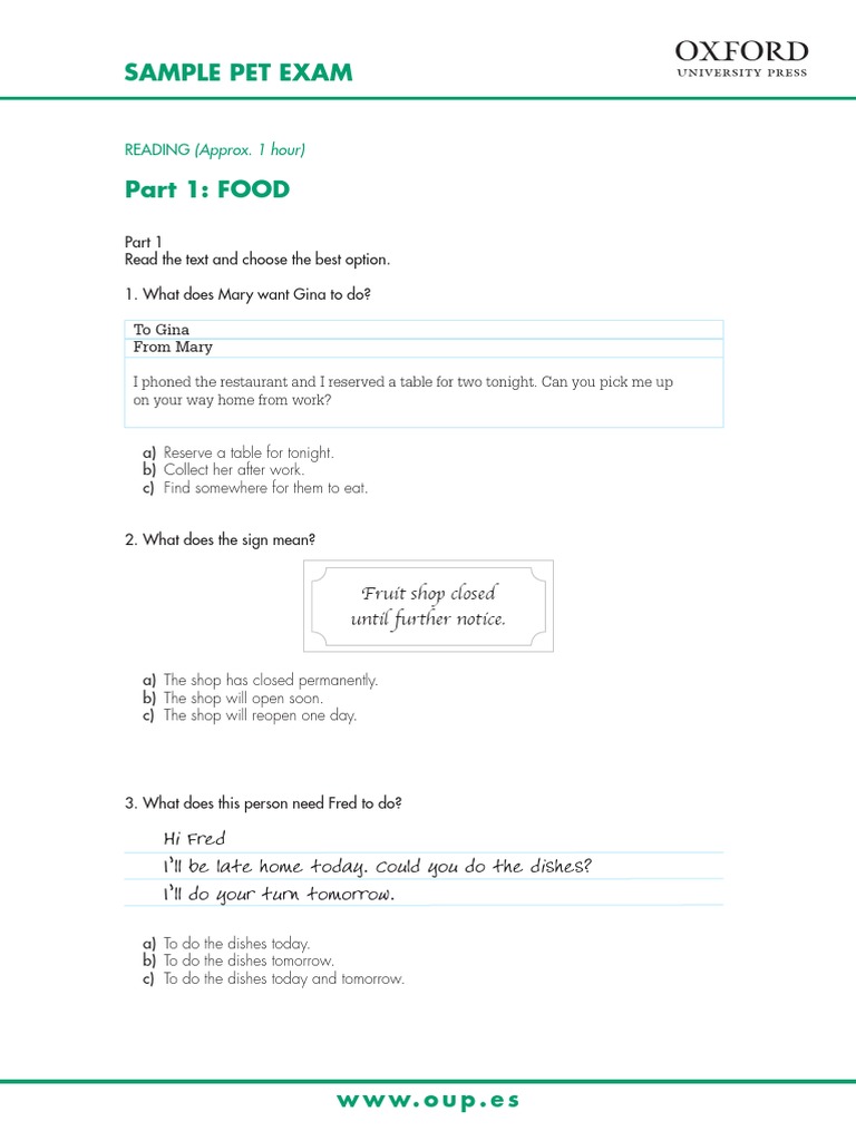 Sample Pet Exam: READING (Approx. 1 Hour) | PDF | Fair Trade | Menu