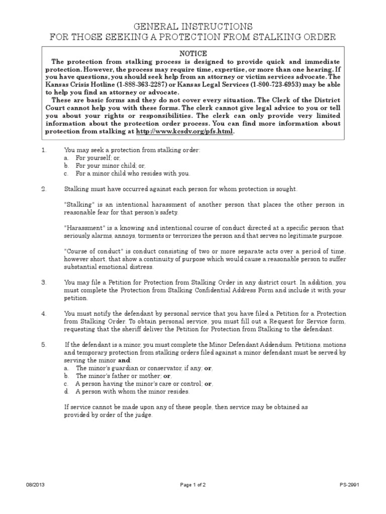 Protection From Stalking Forms | PDF | Restraining Order | Stalking