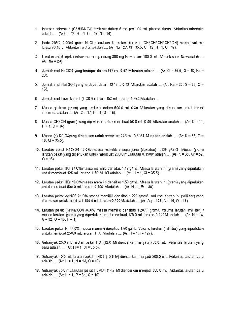 Soal-Soal Larutan Dan Konsentrasi 2018 | PDF