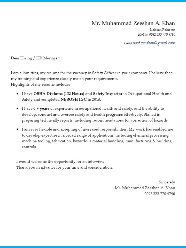 Muhammad HSE Engineer + Cover Letter | PDF | Occupational Safety And ...