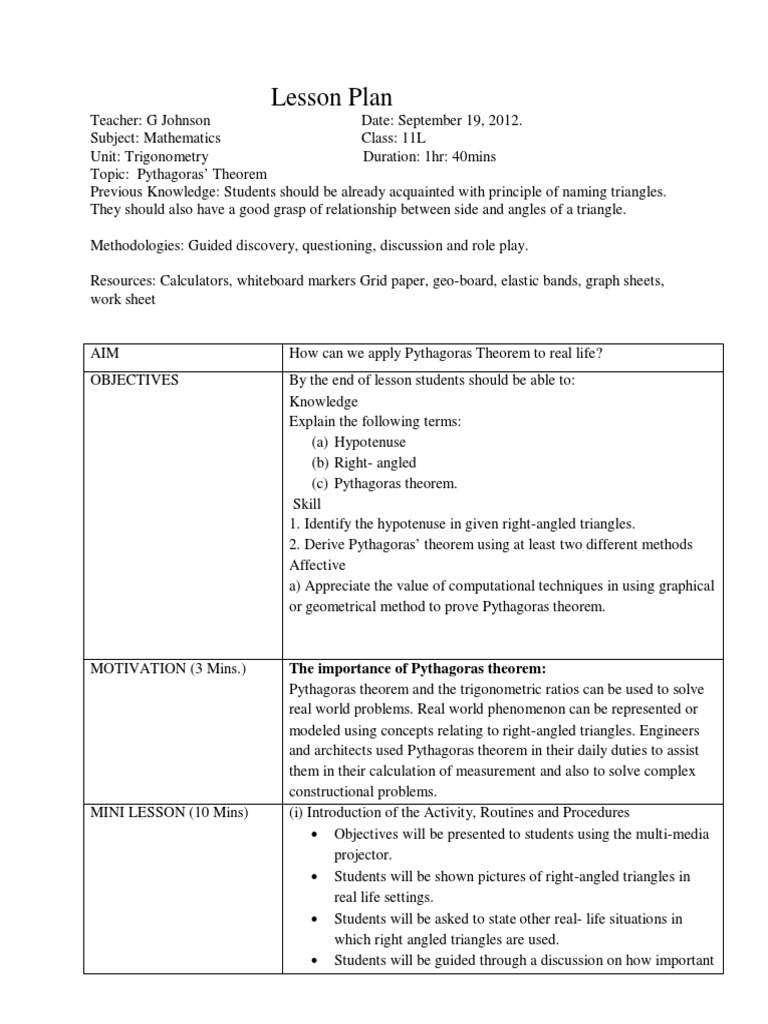 Lesson Plan: The Importance of Pythagoras Theorem | PDF | Triangle | Trigonometry