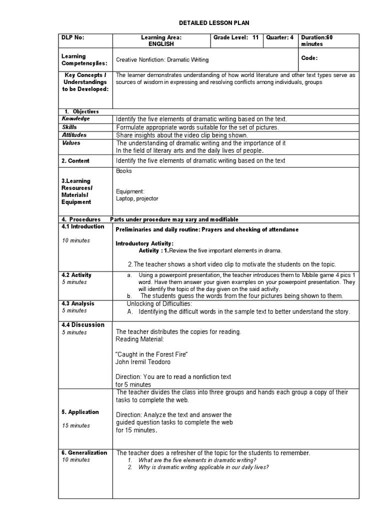 Creative Nonfiction Dramatic Writing DLP | PDF | Lesson Plan ...
