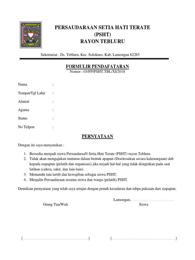 Formulir Pendaftaran PSHT | PDF