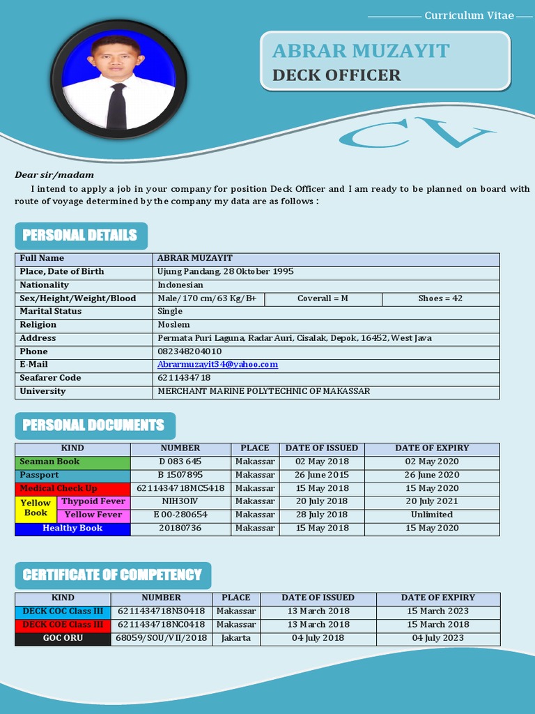 Contoh CV Pelaut Baru Keren PDF | PDF | Watercraft | Naval Warfare