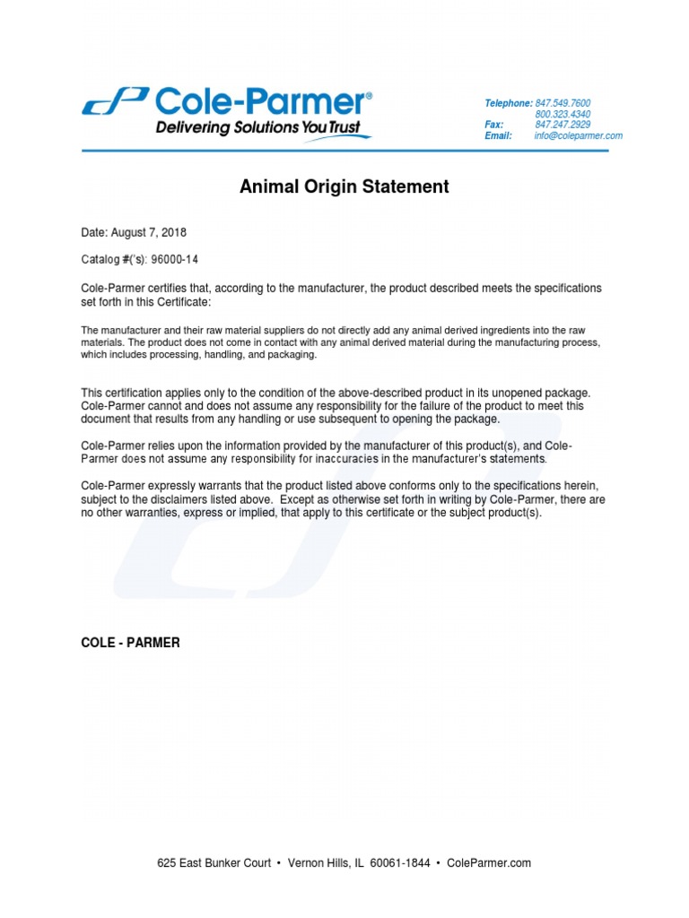 Animal Origin Statement: Cole - Parmer | PDF