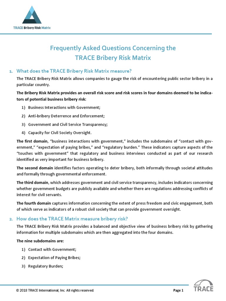 Frequently Asked Questions Concerning The TRACE Bribery Risk Matrix ...