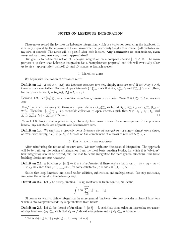 Notes On Lebesgue Integration Pdf Lebesgue Integration Measure