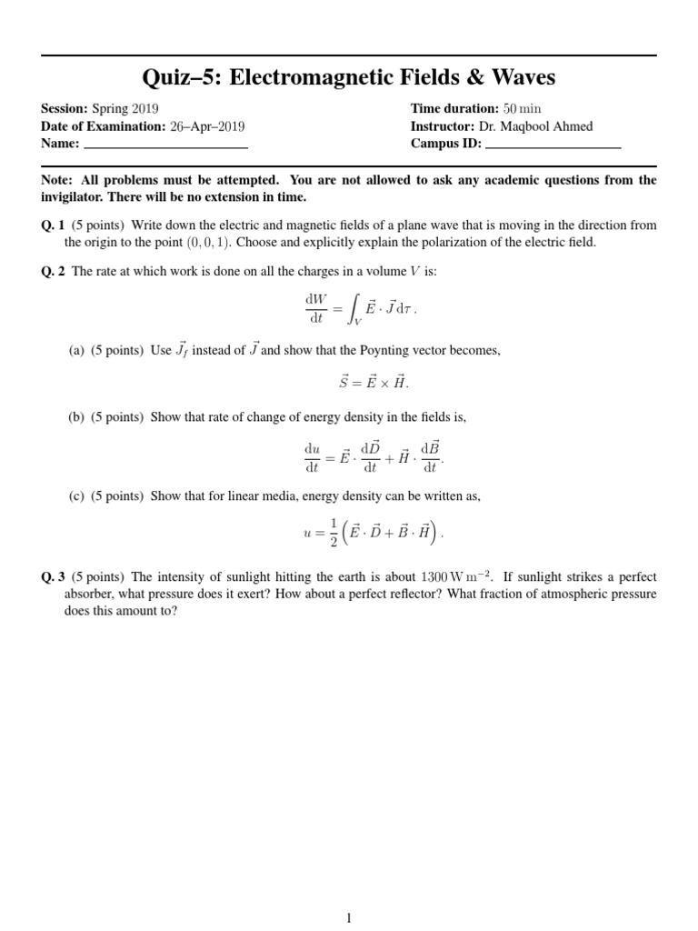 Electromagnetic Waves Quiz 2019 | PDF | Electromagnetic Field | Waves