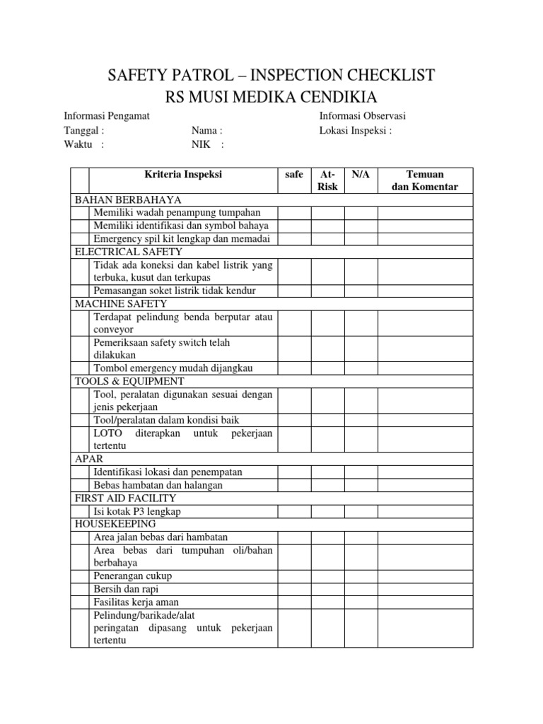 Checklist Safety Patrol RS MUSI MEDIKA CENDIKIA | PDF