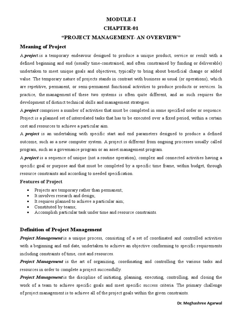 Module-I Chapter-01 "Project Management-An Overview" Meaning of Project ...