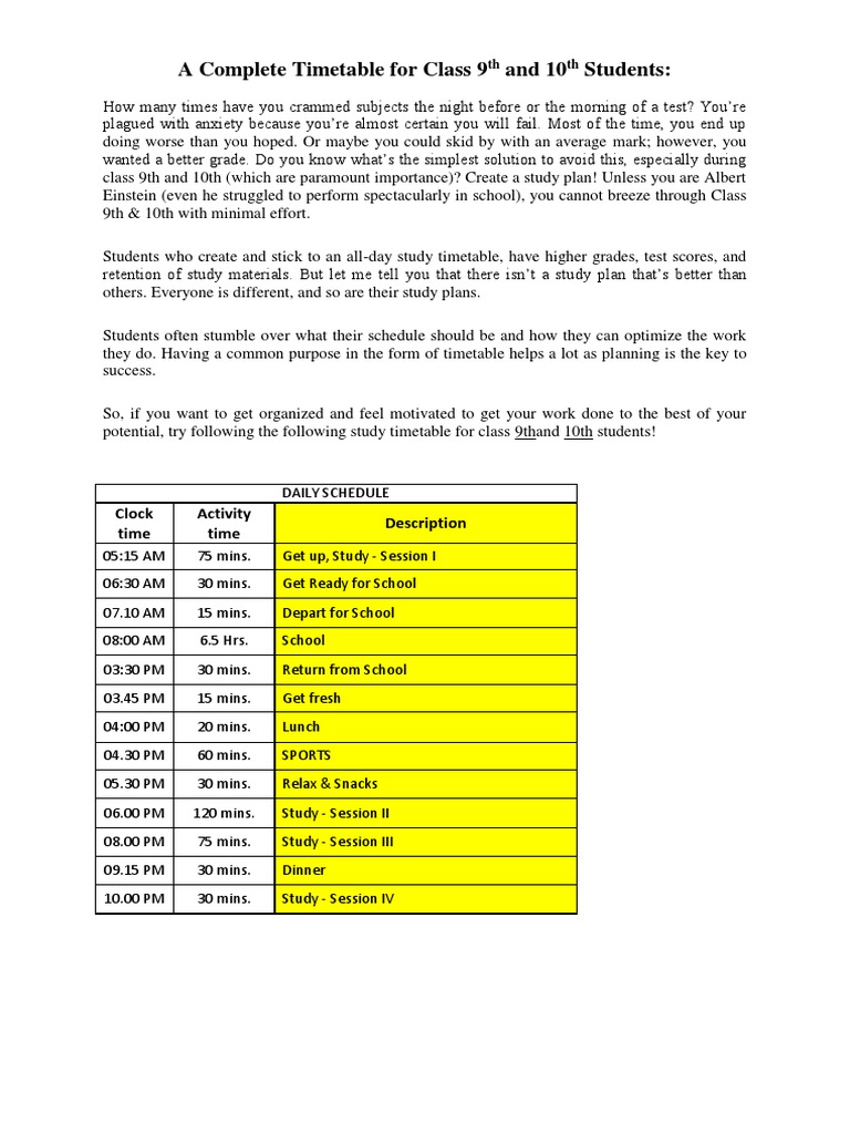 A Complete Timetable For Class 9th and 10th Students | PDF