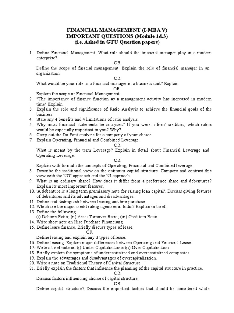 Financial Management (I-Mba V) Important Questions (Module 1&3) (I.e ...