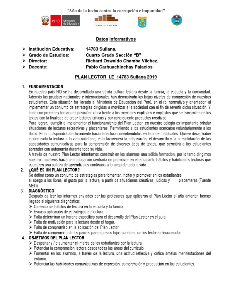 PLAN LECTOR cuarto grado.docx | Educación primaria | Comprensión lectora