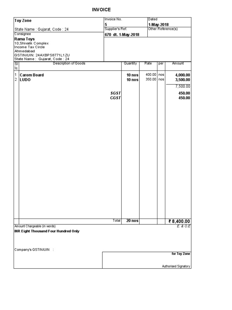 Invoice: Toy Zone State Name: Gujarat, Code: 24 Rama Toys 5 670 Dt. 1 ...