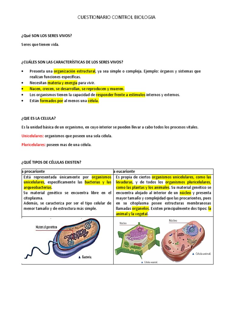 Cuestionario Control Biologia | PDF | Organismos | Biología Celular)