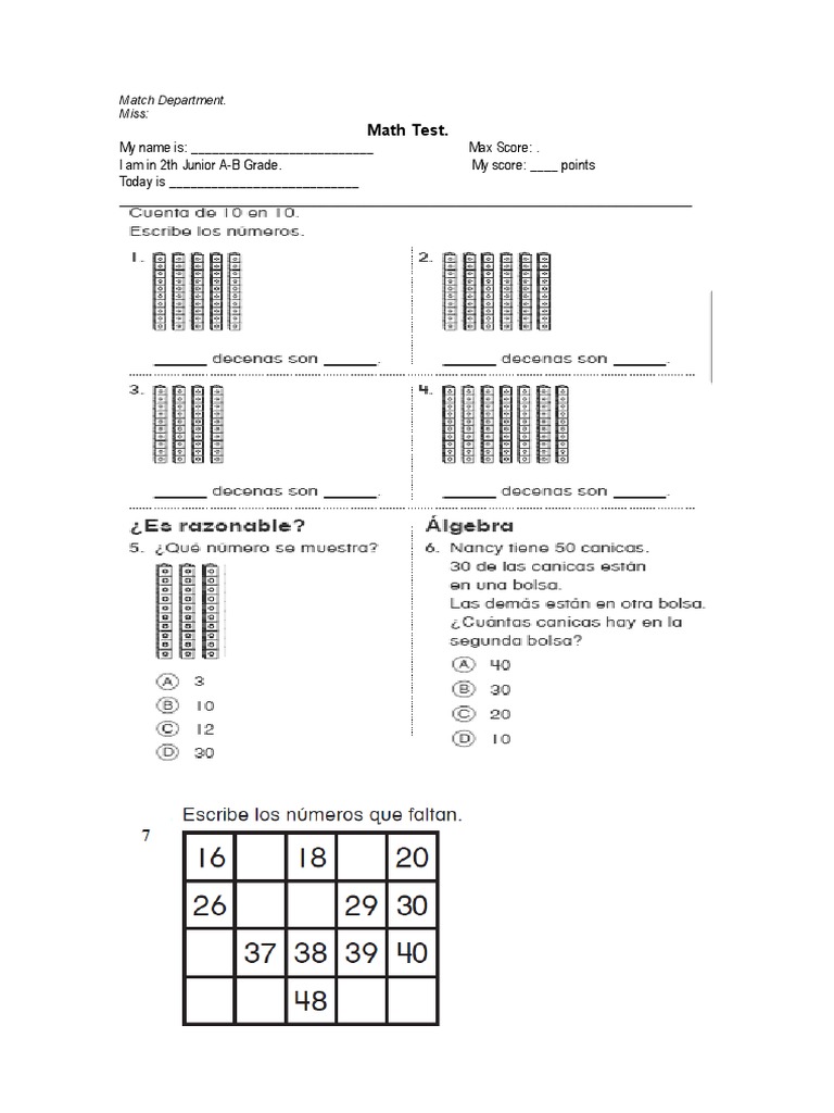 Math Test Score Sheet for 2nd Grade | PDF