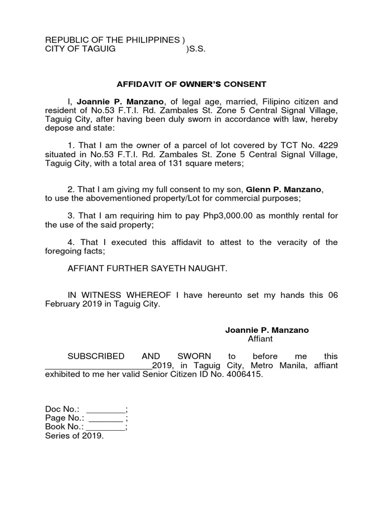 Affidavit of Owner's Consent | PDF