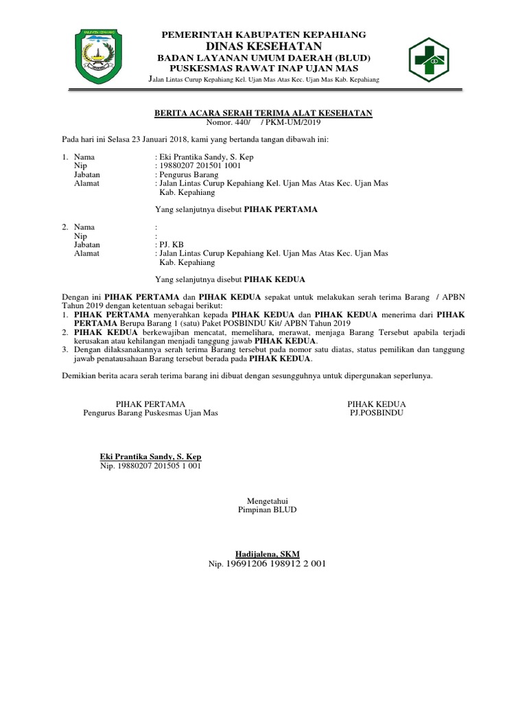Berita Acara Serah Terima Alat Kesehatan KB 2019 | PDF