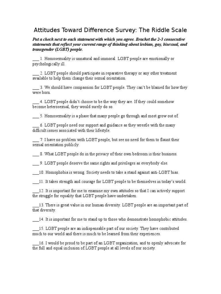 Attitudes Toward LGBT Survey Riddle Scale | PDF | Homophobia | Lgbt