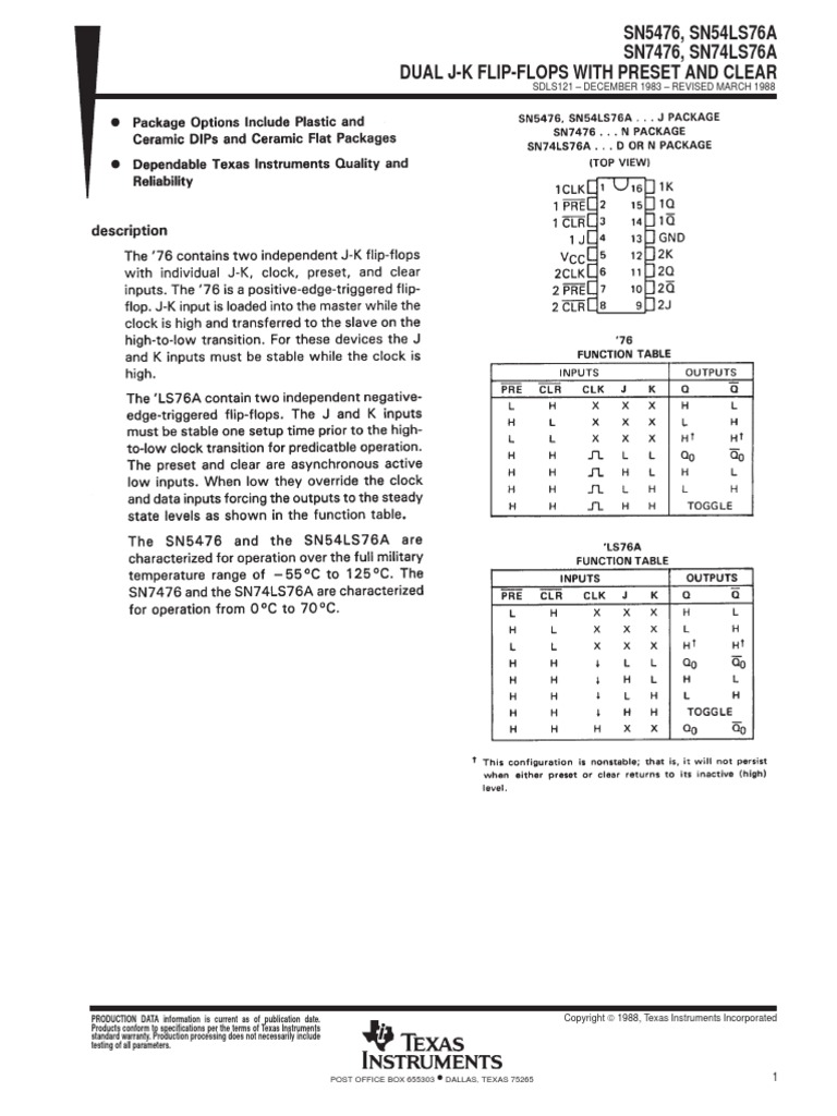 SN5476, SN54LS76A SN7476, SN74LS76A Dual J-K Flip-Flops With Preset and ...