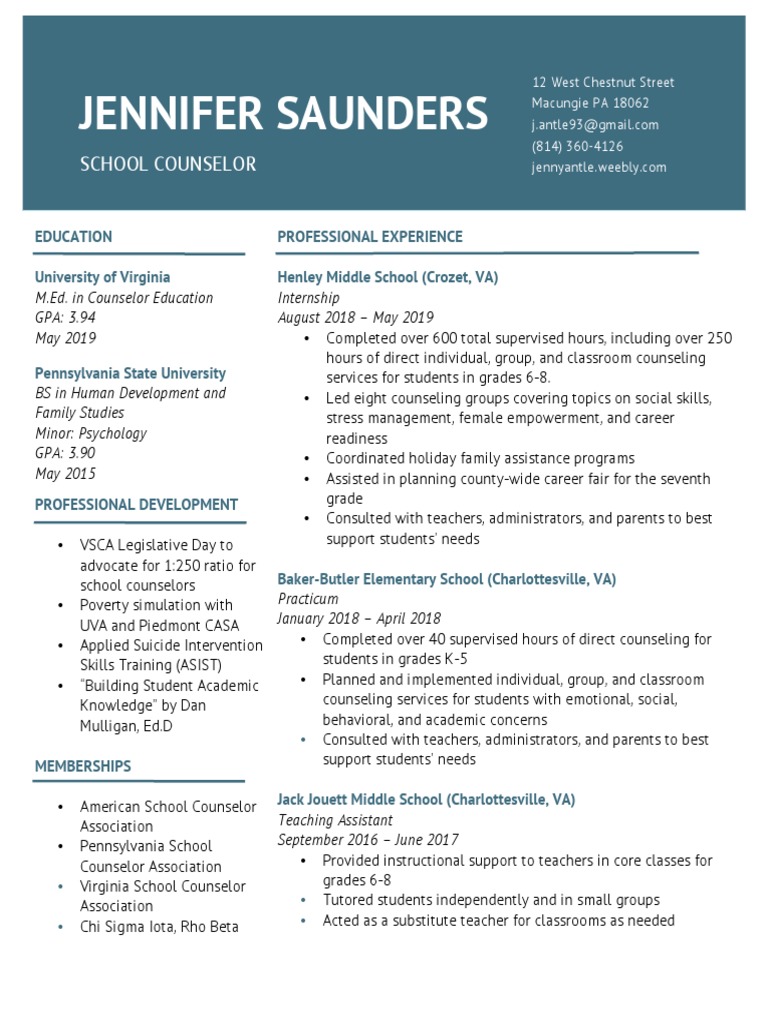 Jenny Saunders Resume | PDF | School Counselor | Teachers
